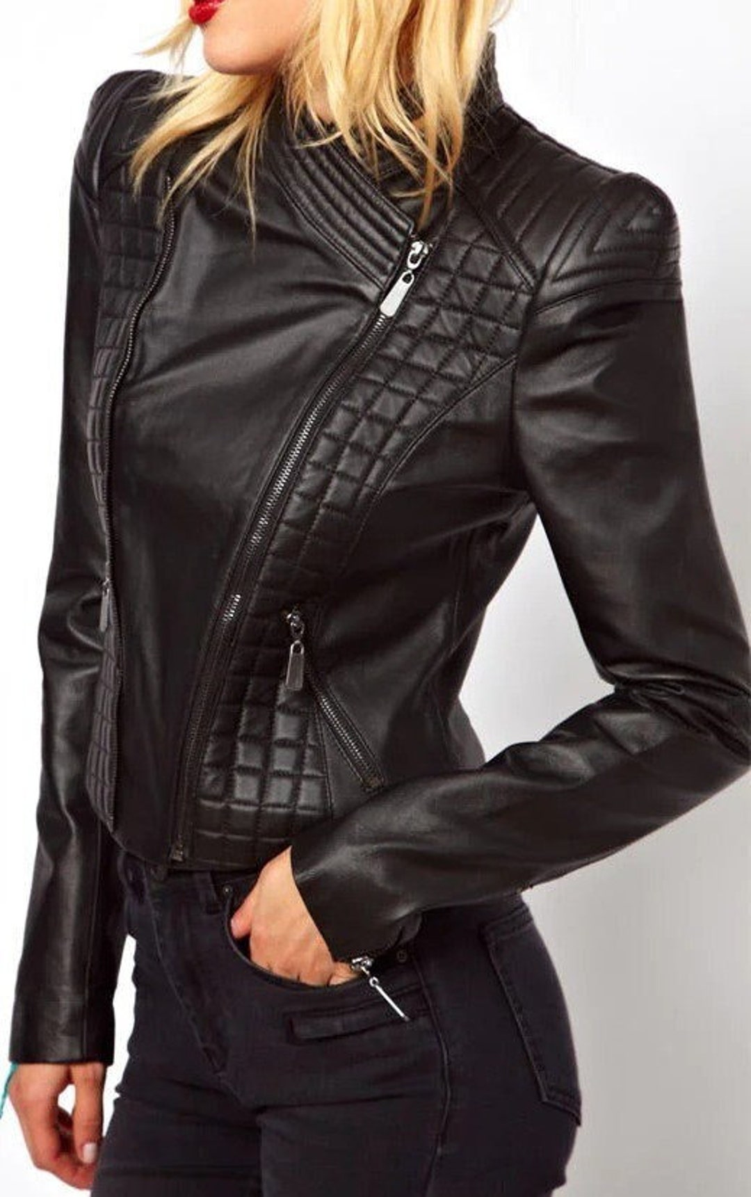 Women's Black Leather Jacket | New HOT Women Lambskin Real Leather Jacket Motorcycle Quilted ...