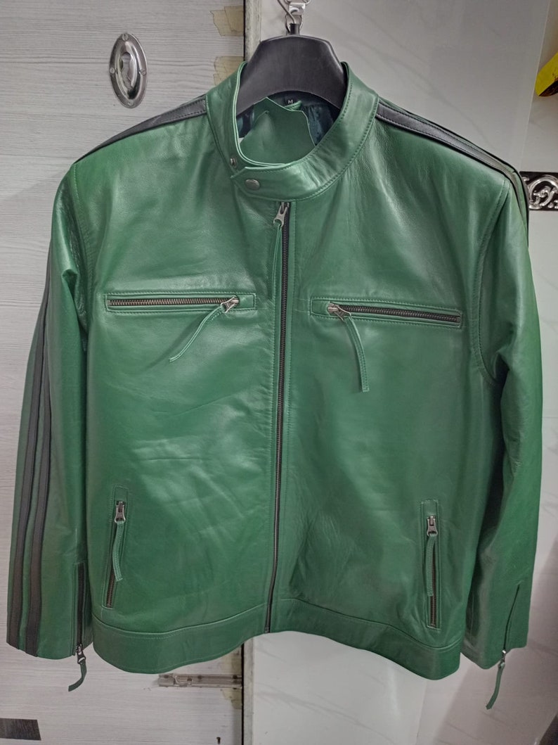NOORI Mens GREEN Leather Jacket Biker Café Racer Jacket - Etsy