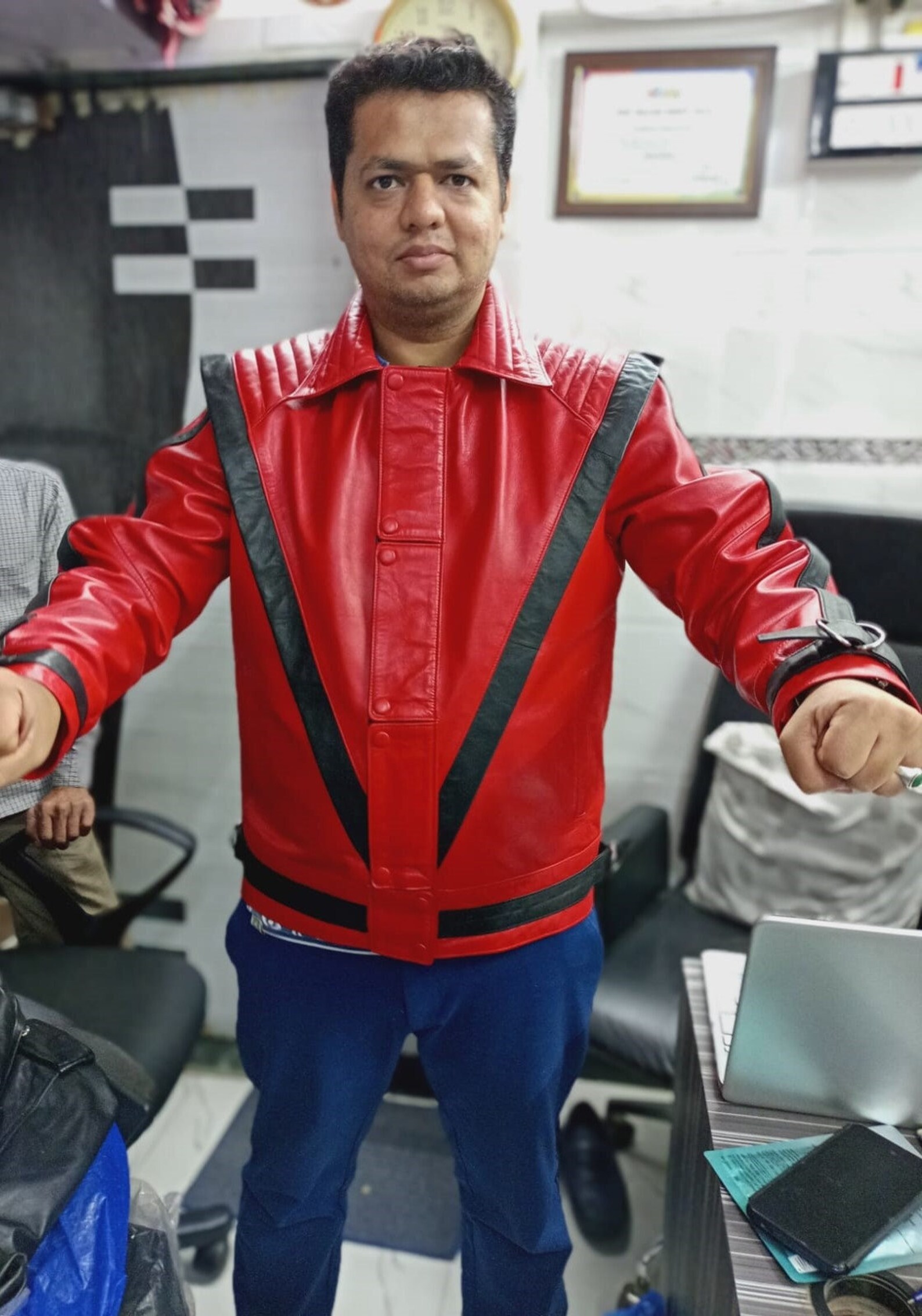 NOORI Men's RED & BLACK Leather Jacket, Inspired by Michael Style ...