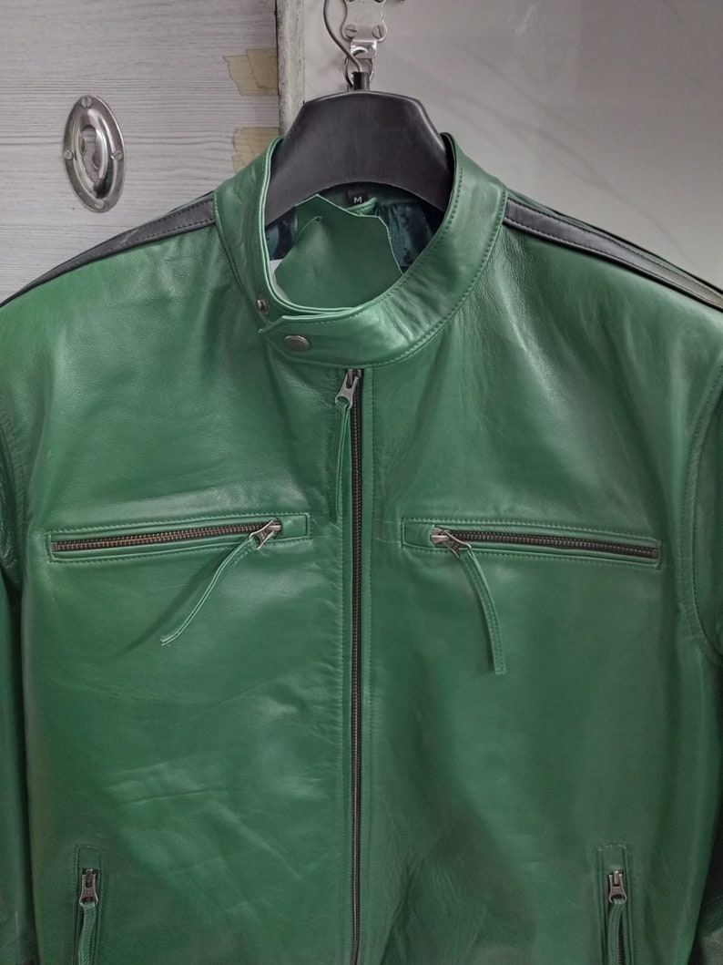 NOORI Mens GREEN Leather Jacket Biker Café Racer Jacket - Etsy