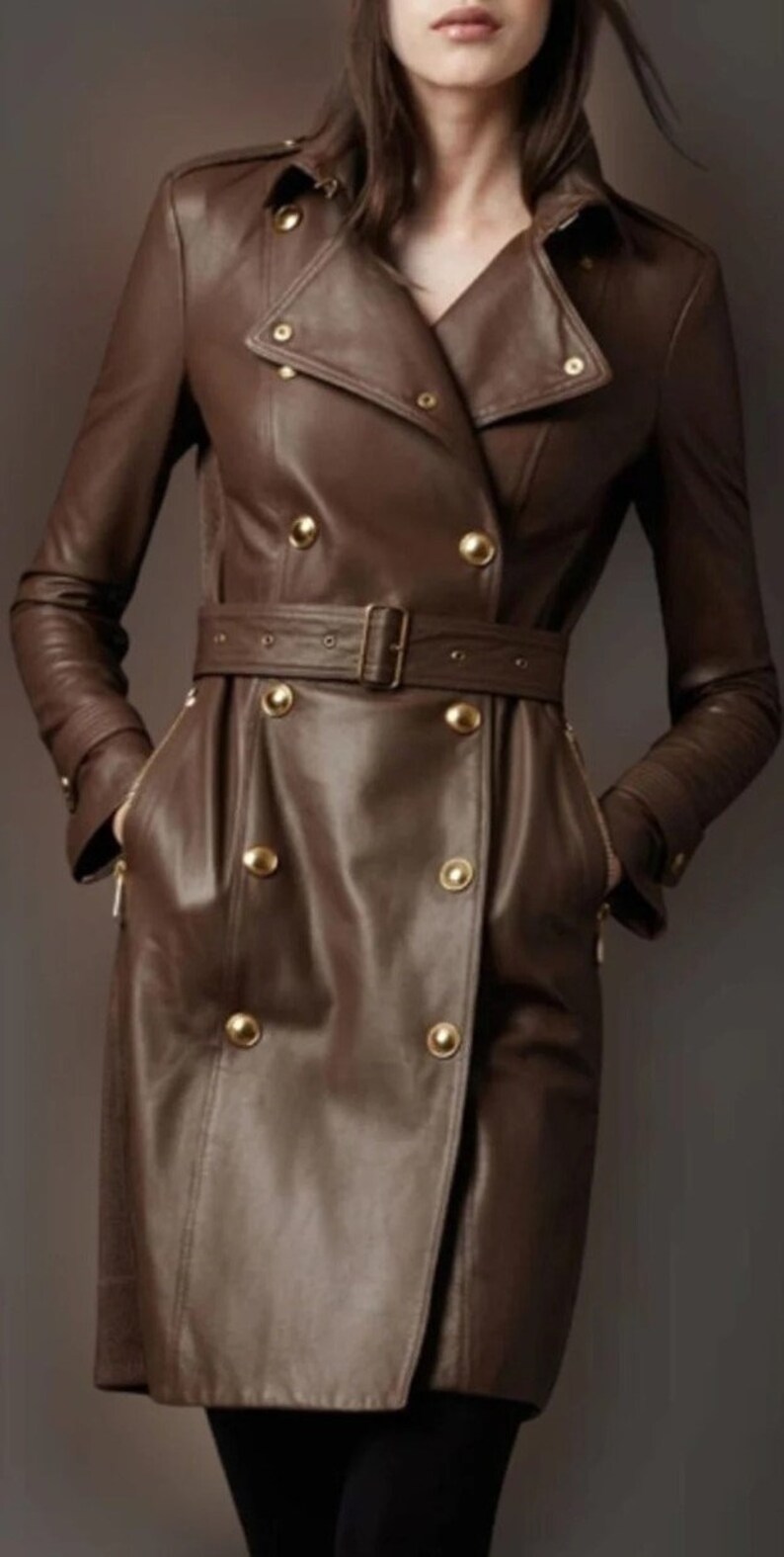 Womens BROWN Leather Trench Coat Double Breasted Leather - Etsy