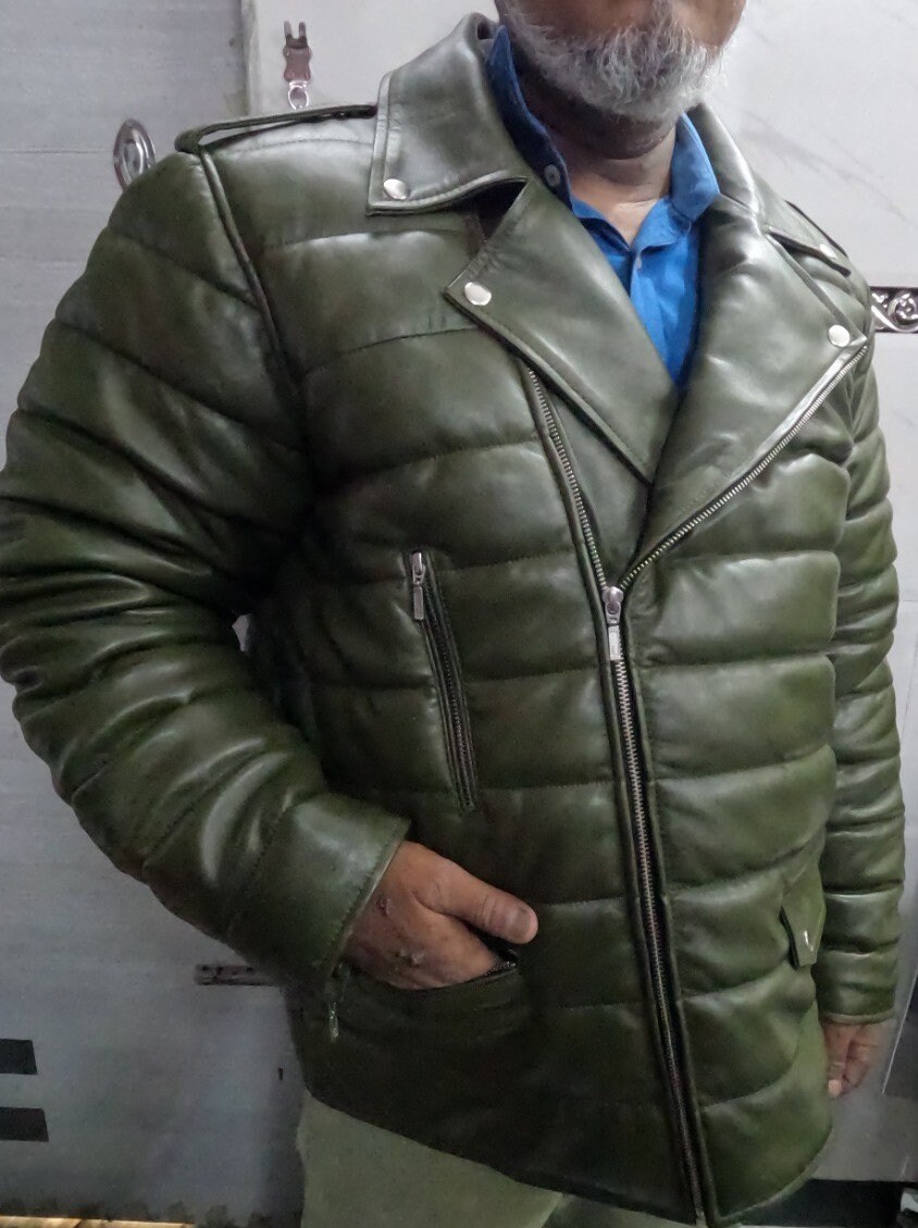 Mens Olive GREEN Leather Jacket, Green Leather Puffer Jacket, Puffer ...