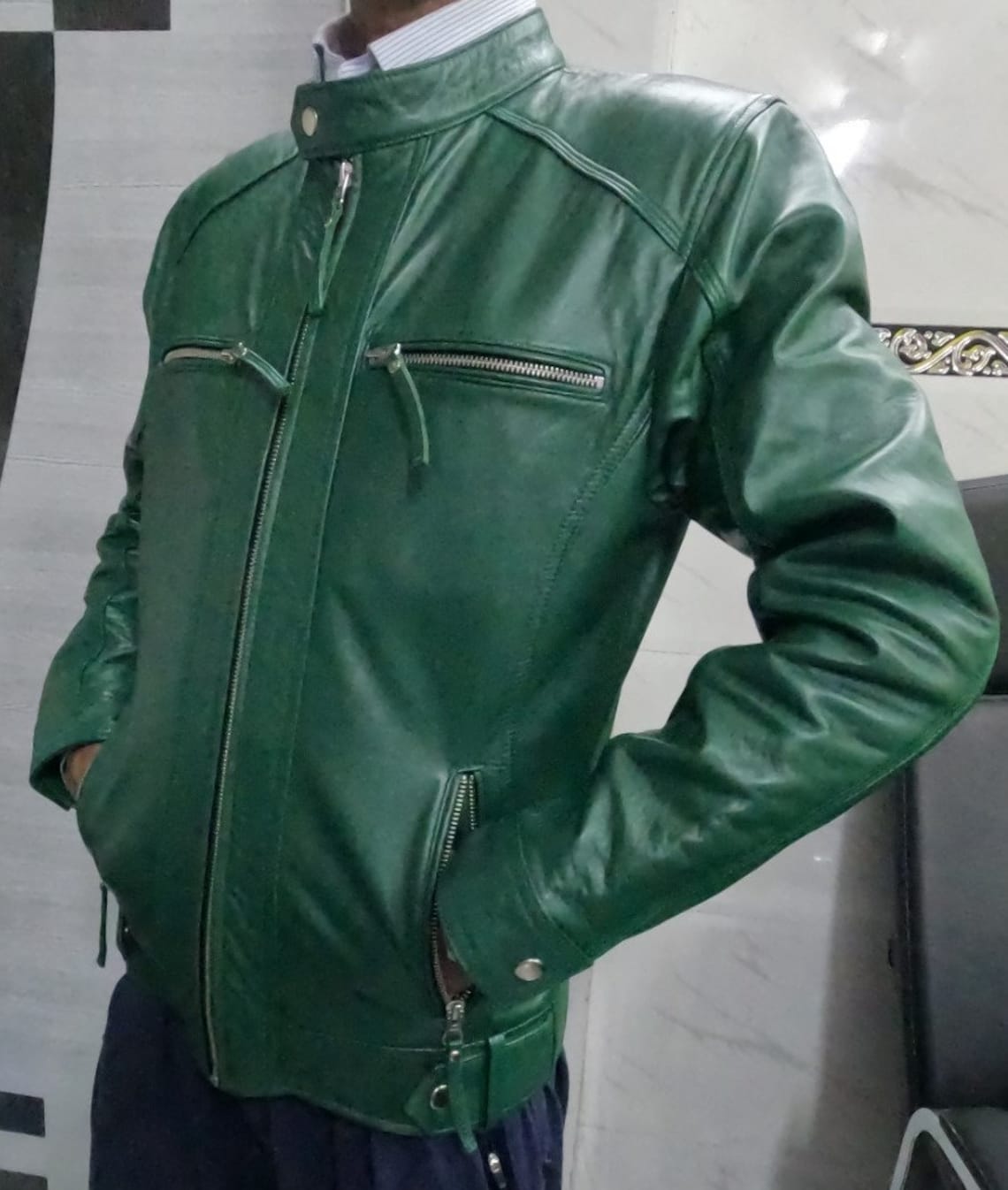 NOORI Men's Dark GREEN Leather Jacket Slim Fit Real - Etsy