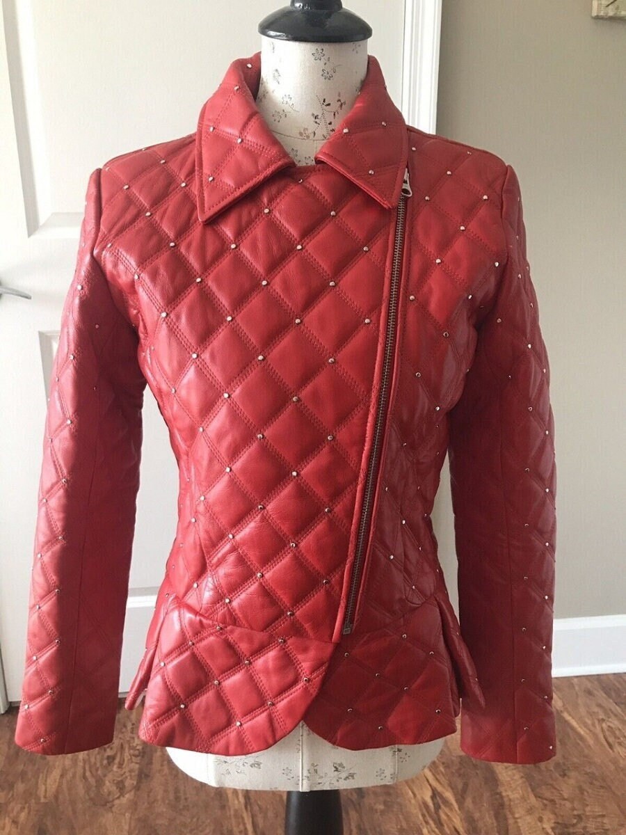 RED Long Leather Jacket, Leather Jacket Red Colour DIAMONDS Quilt Coat ...