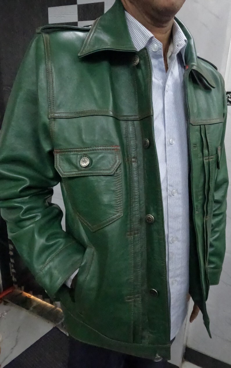 Noori Mens GREEN Leather SHIRT Slim Fit TRUCKER Style - Etsy