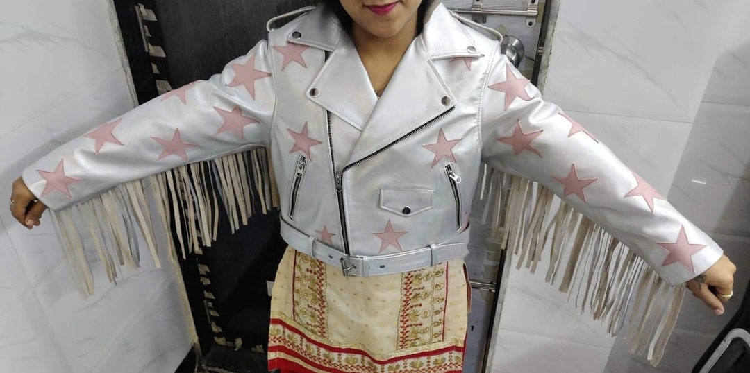 Women SILVER FRINGE Leather Jacket, METTALLIC Pink Star Patchwork ...