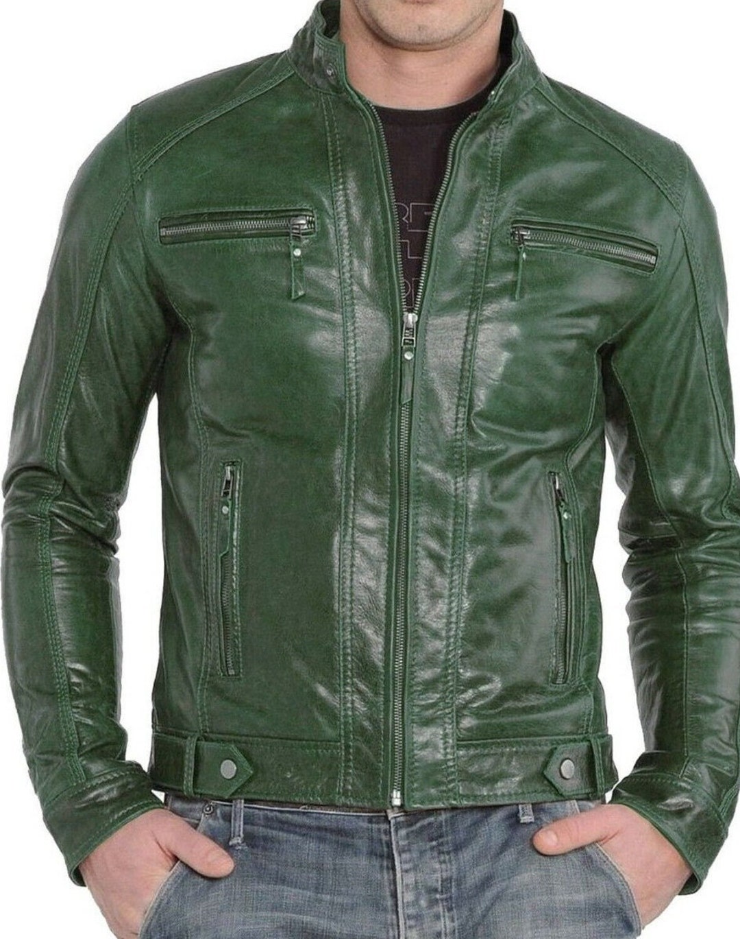 NOORI Men's Dark GREEN Leather Jacket | Slim Fit Real Biker Leather ...