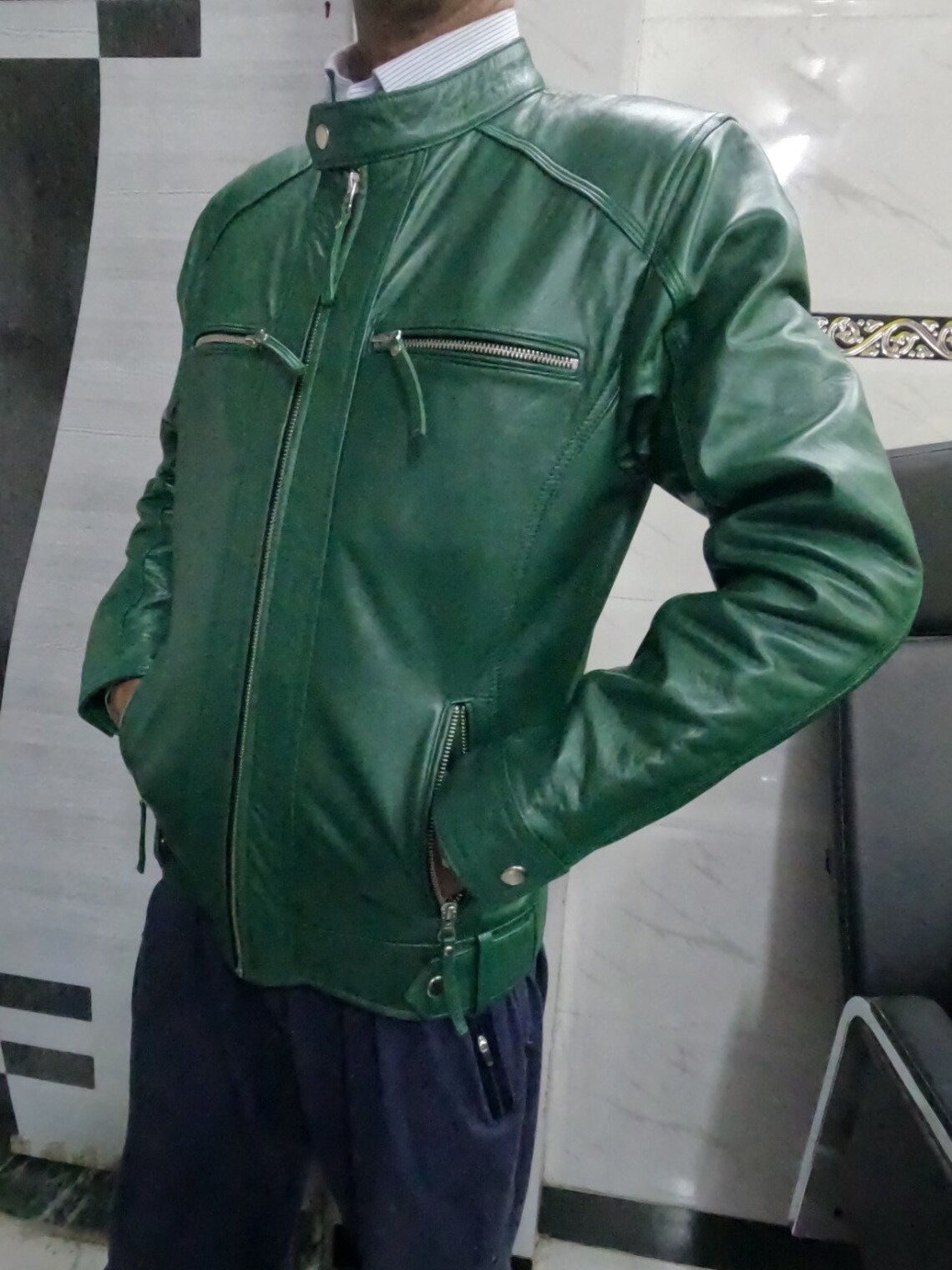 NOORI Men's Dark GREEN Leather Jacket | Slim Fit Real Biker Leather ...