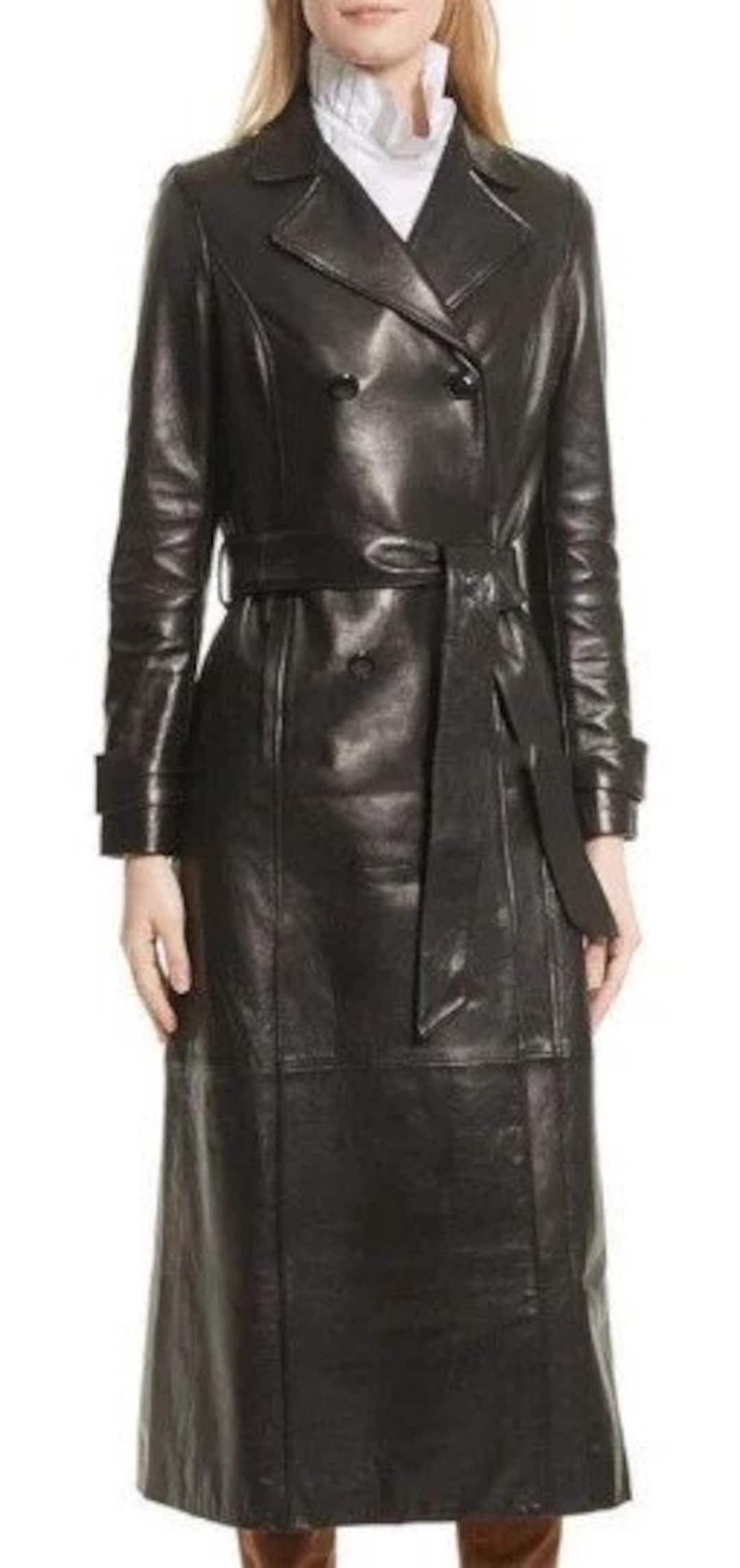 Womens BLACK Leather TRENCH Coat Genuine Lambskin Leather Long Coat ...