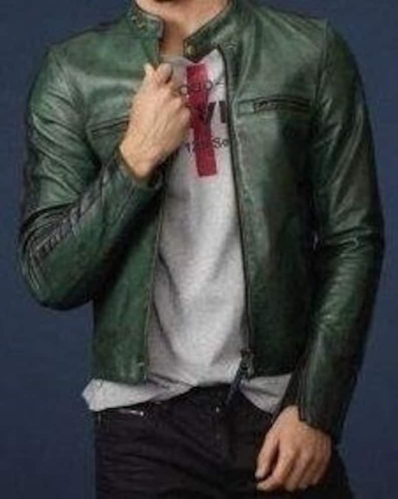 NOORI Mens GREEN Leather Jacket Biker Café Racer Jacket - Etsy