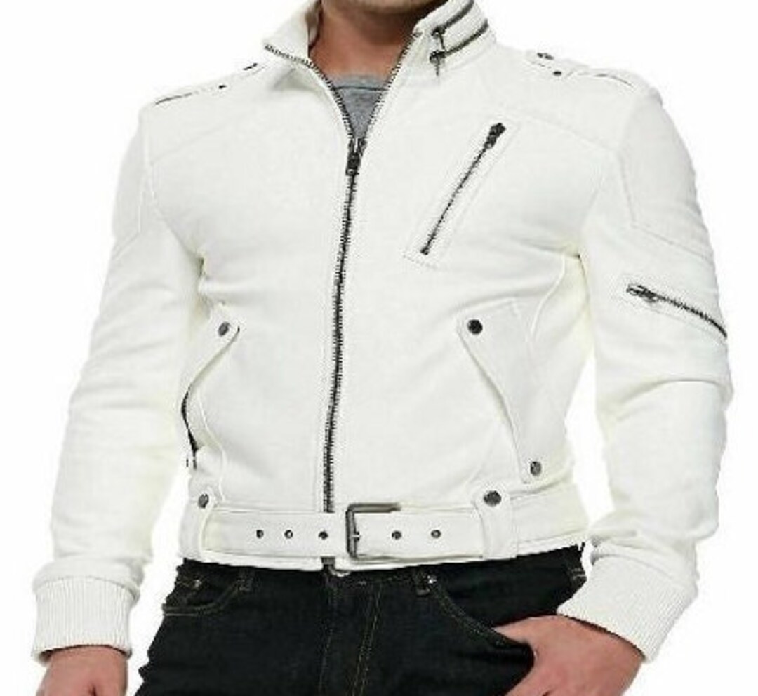 Men's WHITE Biker Sheepskin Stand Collar Leather Jacket, Stylish BOMBER ...