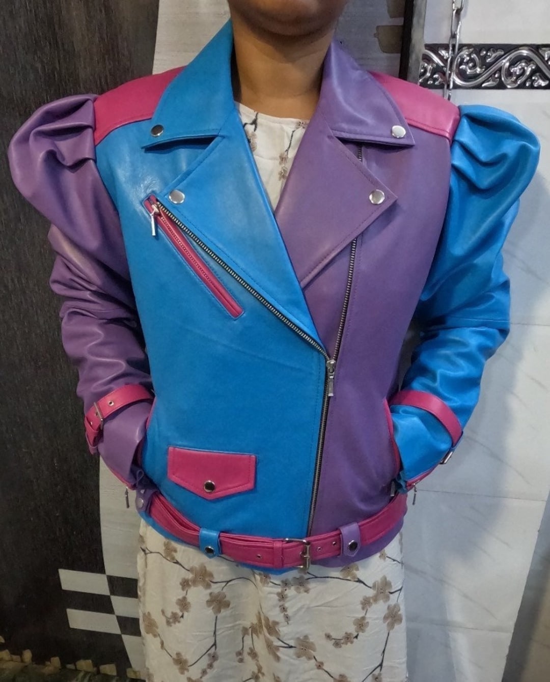 Womens Leather Jacket Purple Blue & Pink | 3 Color Leather Motorcycle ...