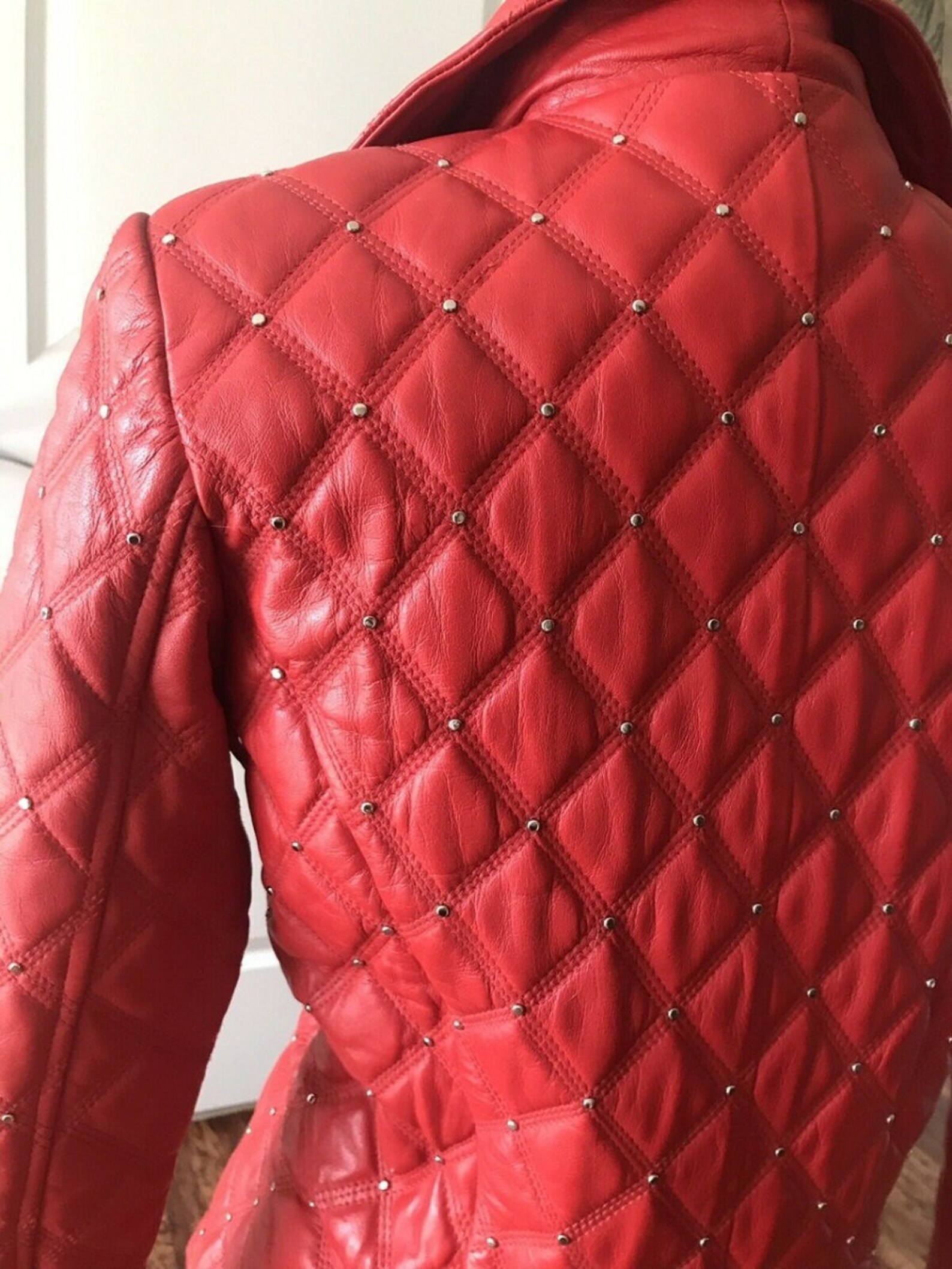 RED Long Leather Jacket, Leather Jacket Red Colour DIAMONDS Quilt Coat ...