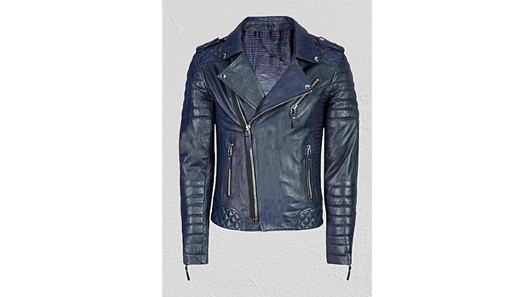 Mens NAVY BLUE QUILTED Leather Jacket, Slim Fit Motorcycle Biker ...