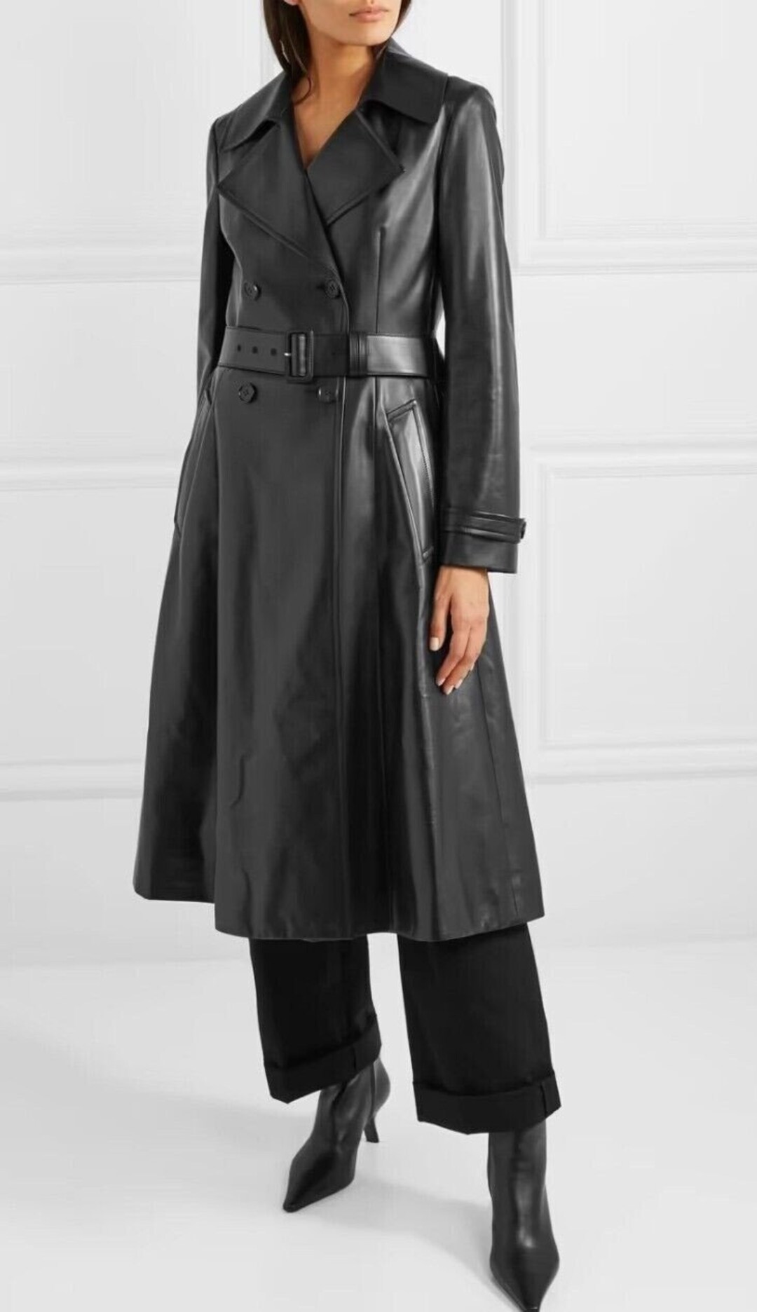 Womens BLACK Leather TRENCH Coat Slim Fit Double Breasted Leather ...