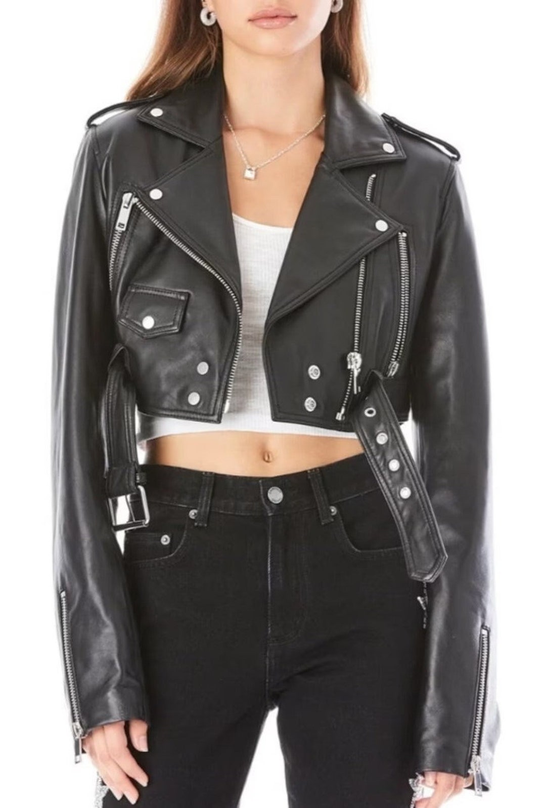 Womens Crop Leather Jacket BLACK CROPPED Motorcycle Bolero Shrug ...