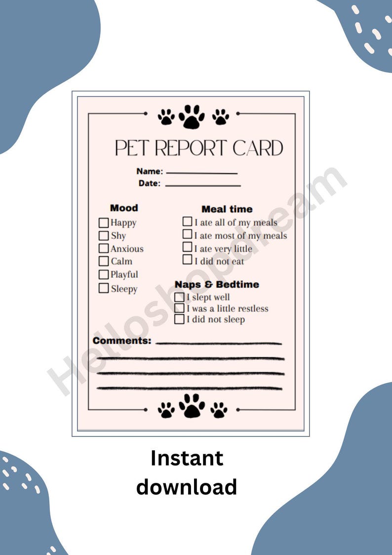 Printable A4 Size Pet Dog Cat Report Cards for Boarding Daycare With ...