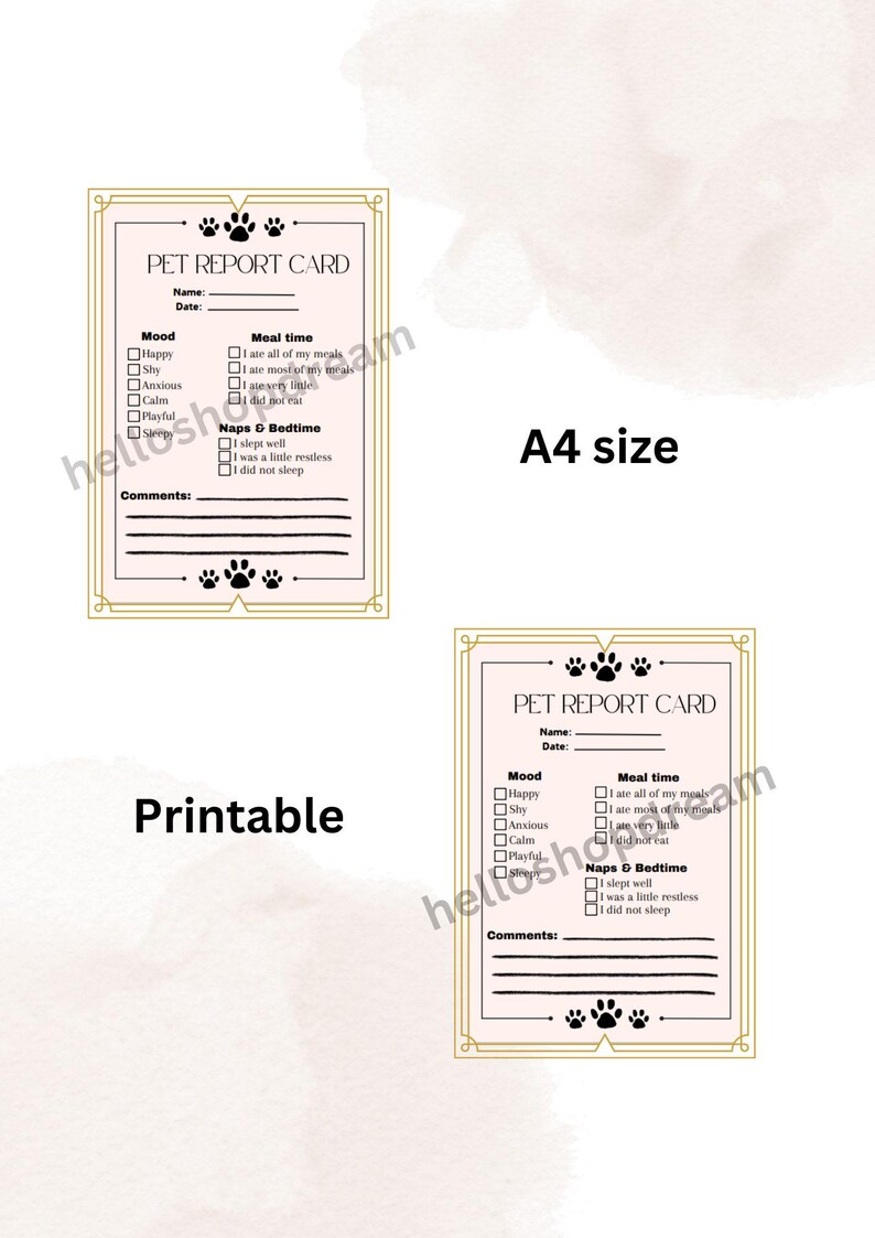 Printable A4 Size Pet Dog Cat Report Cards for Boarding Daycare With ...