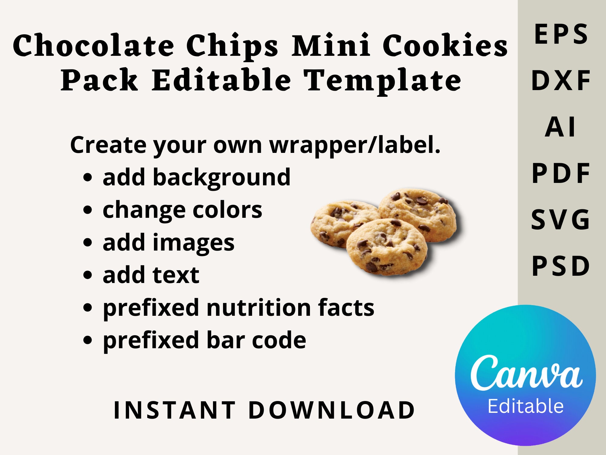 Choco Chip Mini Cookies Wrapper Template, DIY, Editable Label, Party ...