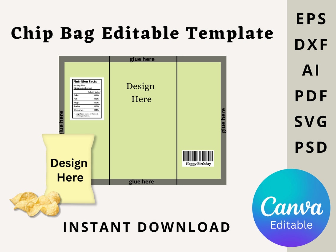 Chips Bag Template 1 Oz, Chips Bag Label, Template for Silhouette ...
