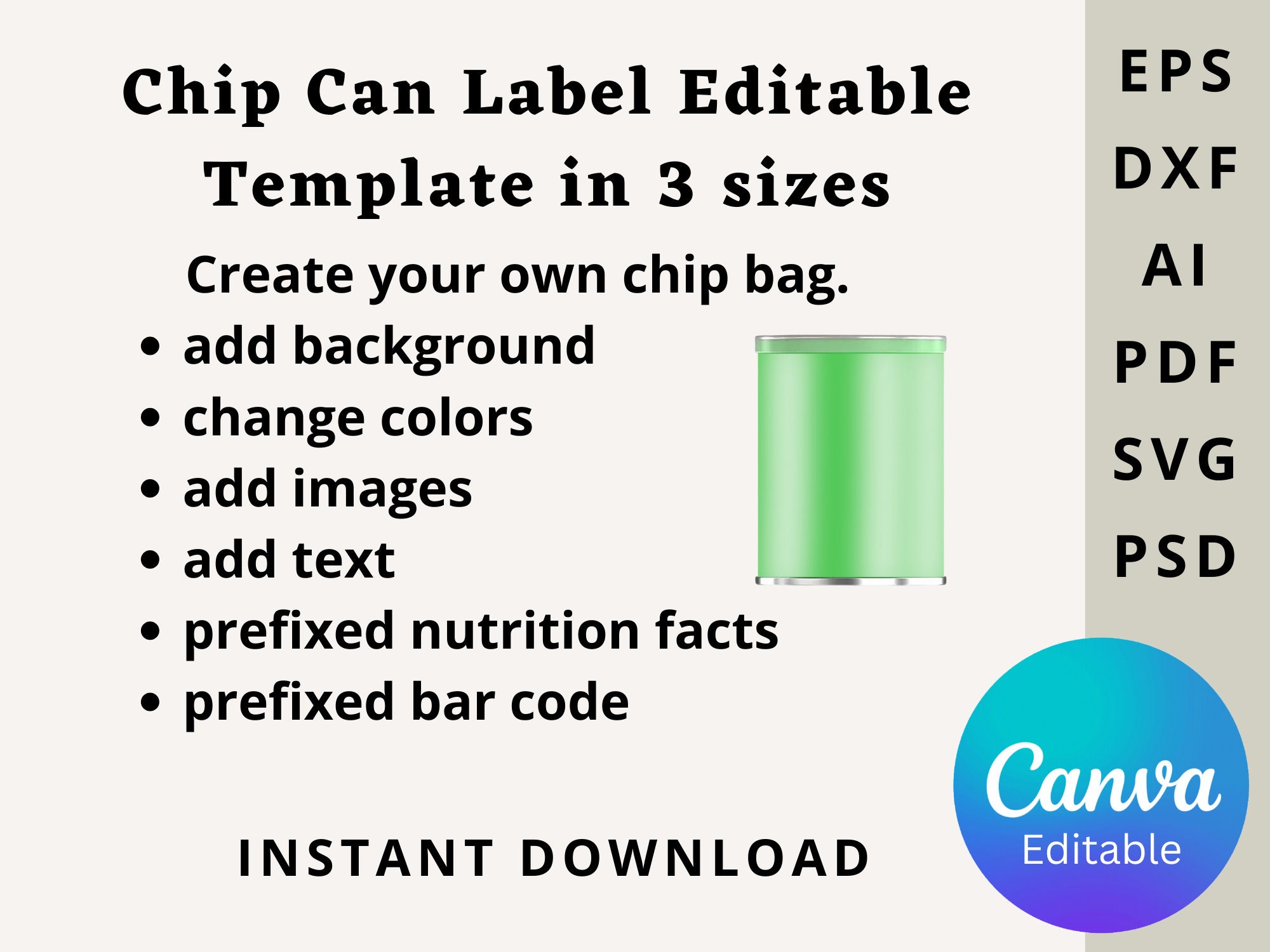 Chips Can Label Editable Template, Chip Can Label 3 Sizes, Template for ...