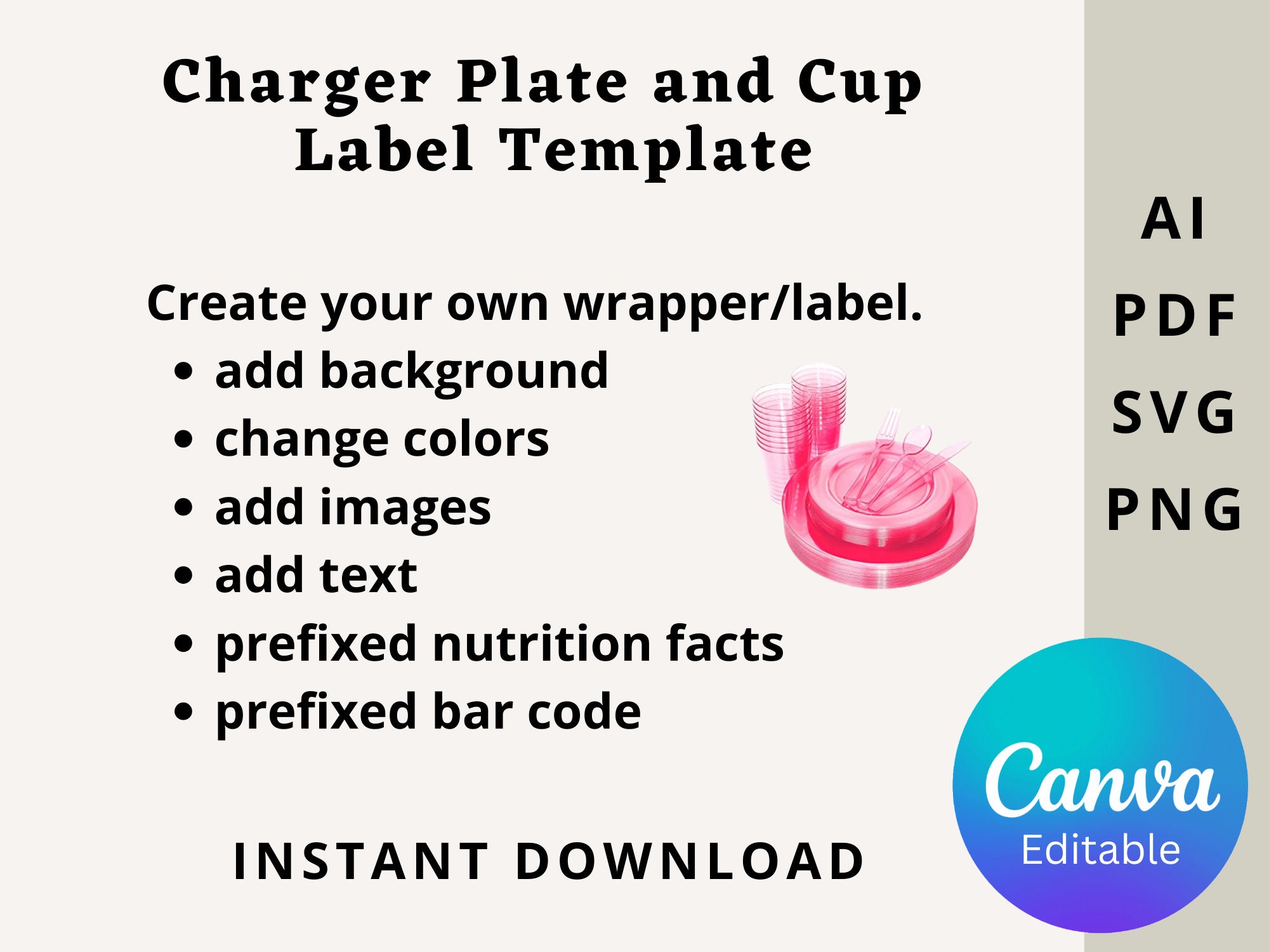 Charger Plates and Cups Template Bundle, Disposable Plates Editable ...