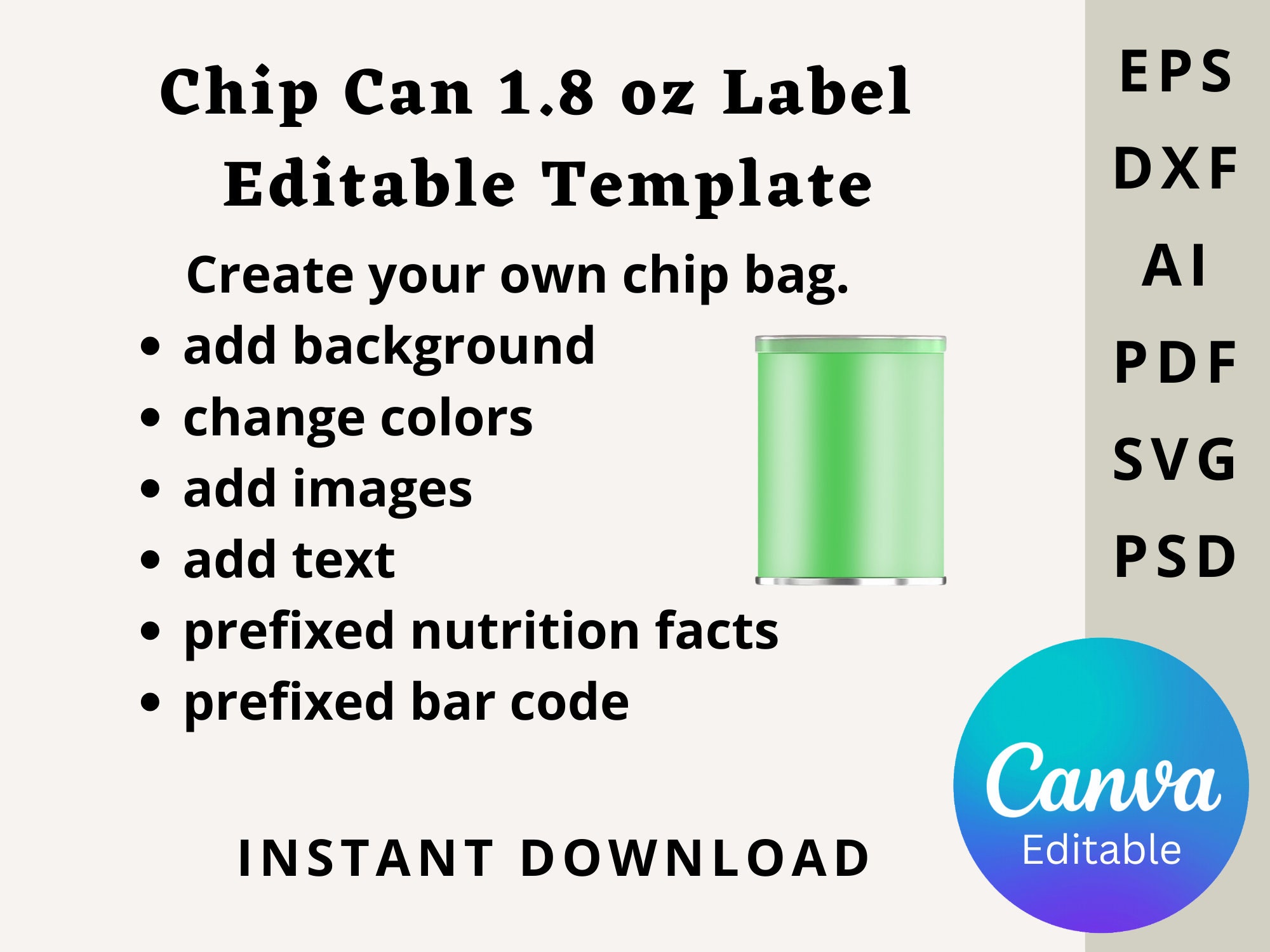 Chips Can 1.8 Oz Editable Label Template, DIY, Editable Label, Party ...