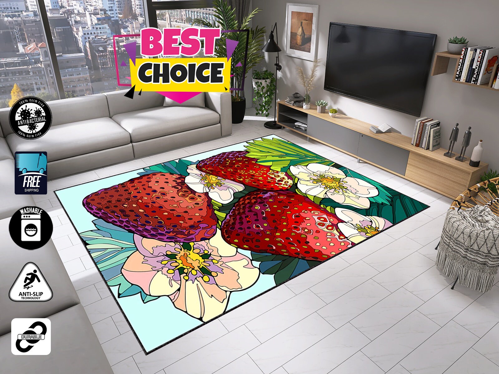 Strawberries,strawberries Patterned Carpet,fruits Rug,kitchen Decor ...