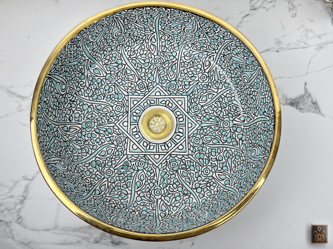Elegant Turquoise Blue Hand-painted Ceramic Basin With 14K Gold Touches ...