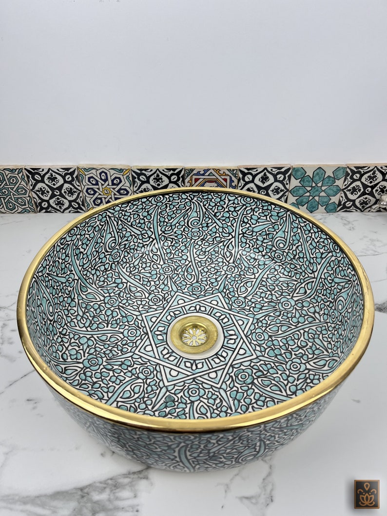 Elegant Turquoise Blue Hand-painted Ceramic Basin With 14K Gold Touches ...