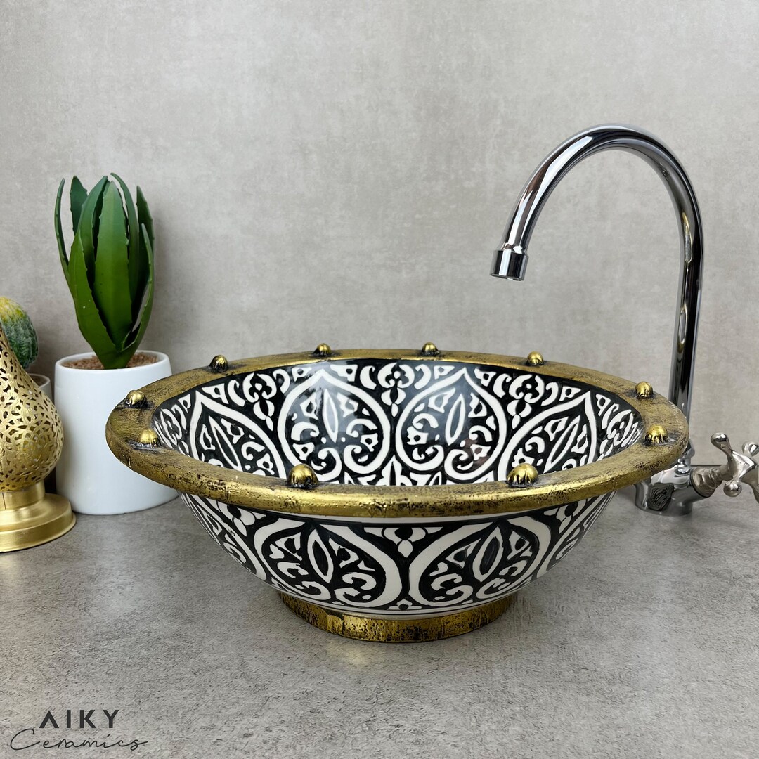 Handcrafted Basin With Black Motifs, Enhanced by Brushed Copper Rim and ...
