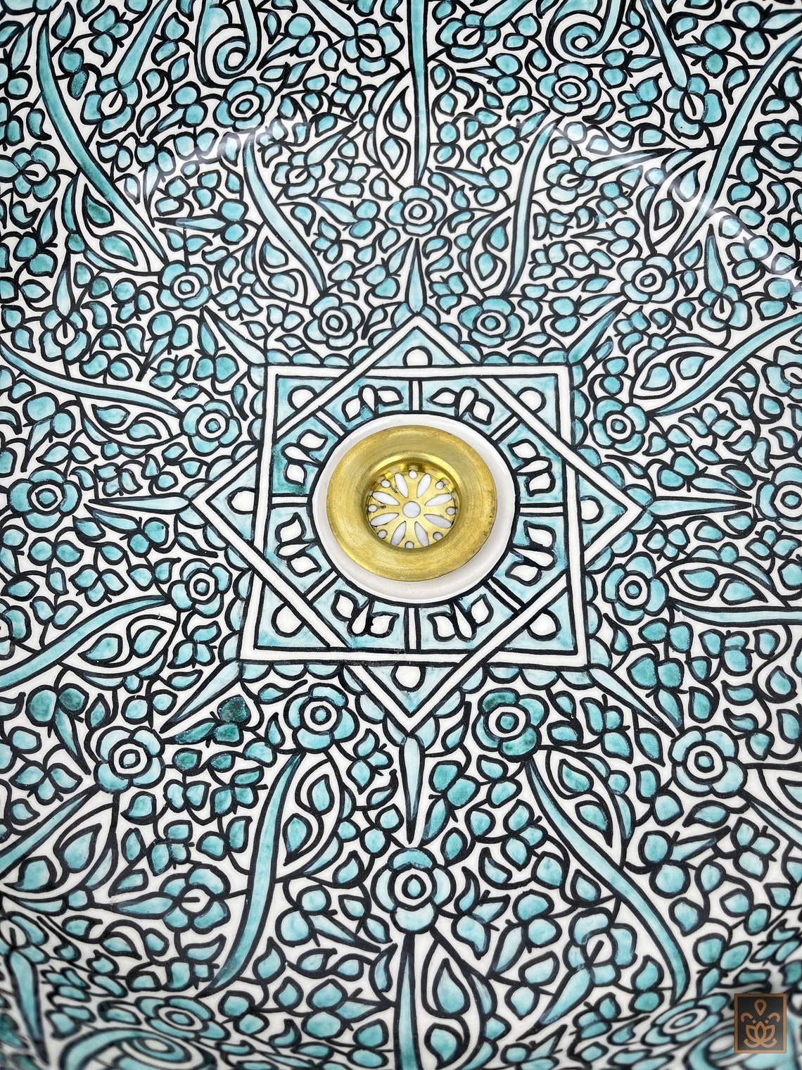 Elegant Turquoise Blue Hand-painted Ceramic Basin With 14K Gold Touches ...