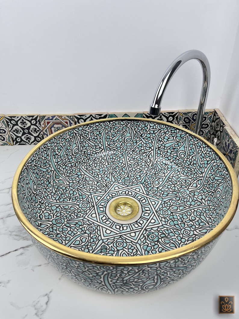Elegant Turquoise Blue Hand-painted Ceramic Basin With 14K Gold Touches ...
