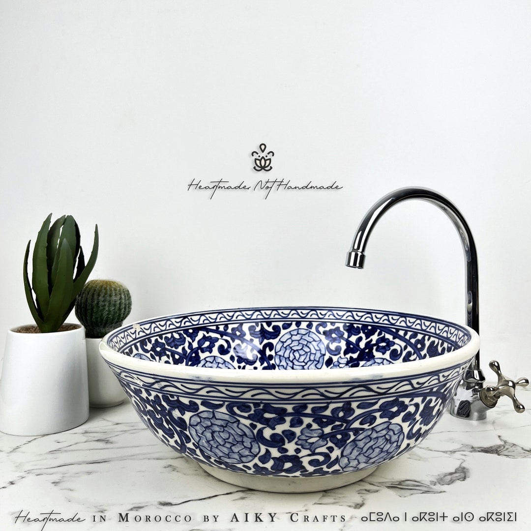 Elegant Blue Hand-painted Ceramic Basin in Blue - Bespoke Handmade ...