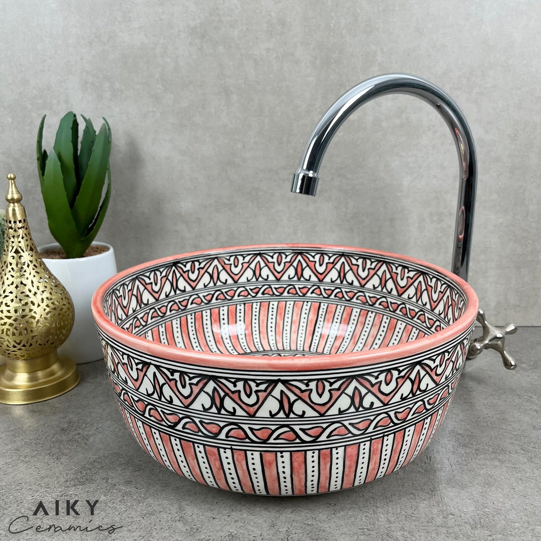 Coral Blossom: Hand-painted Moroccan Ceramic Basin in Soft Salmon Hue ...