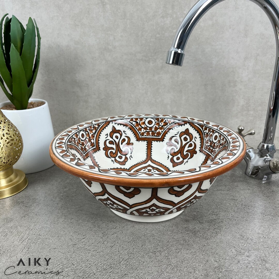 Coffee Elegance: Hand-painted Moroccan Ceramic Basin in Rich Brown ...