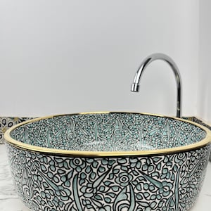 Elegant Turquoise Blue Hand-painted Ceramic Basin With 14K Gold Touches ...