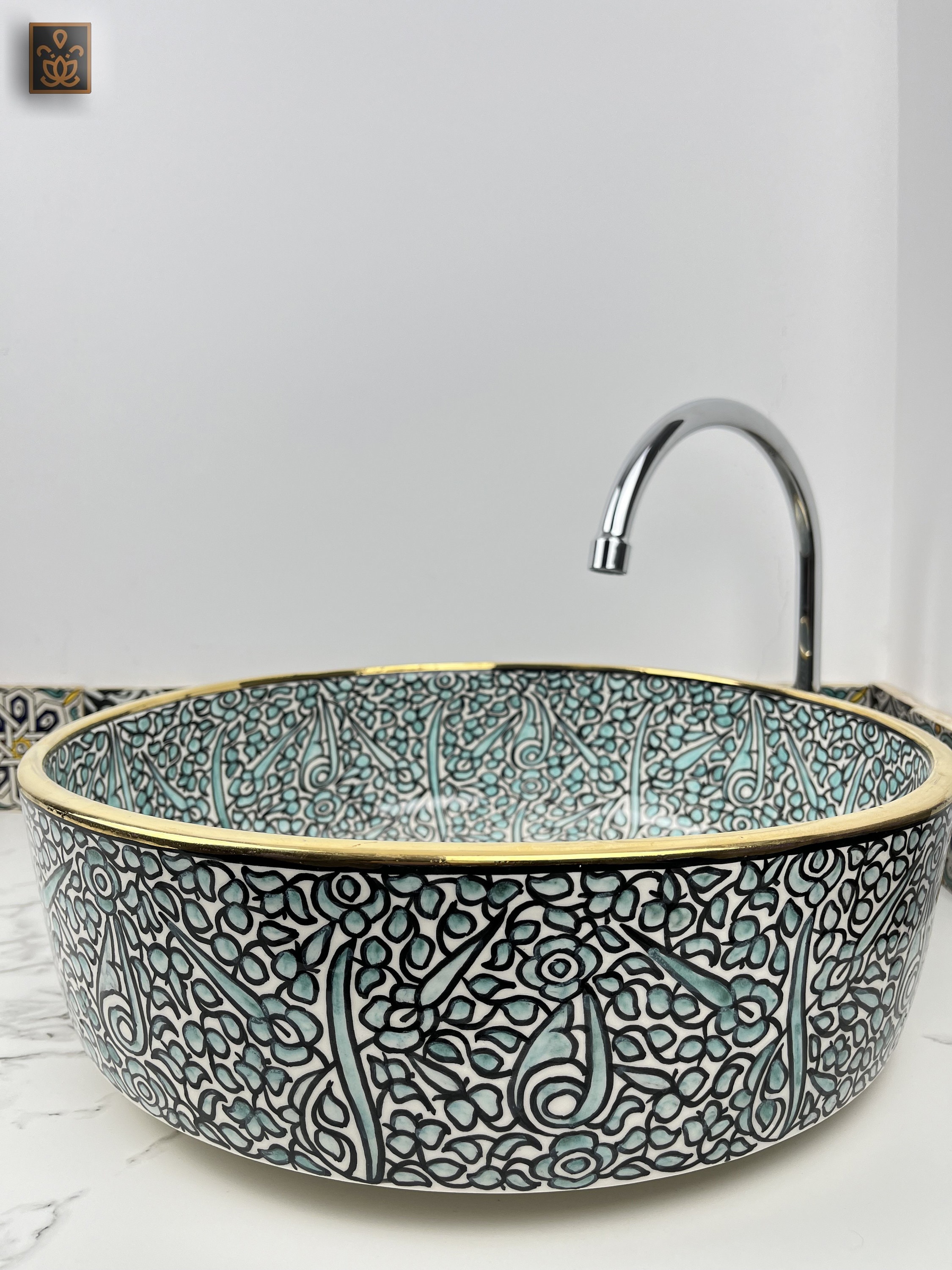 Elegant Turquoise Blue Hand-painted Ceramic Basin With 14K Gold Touches ...