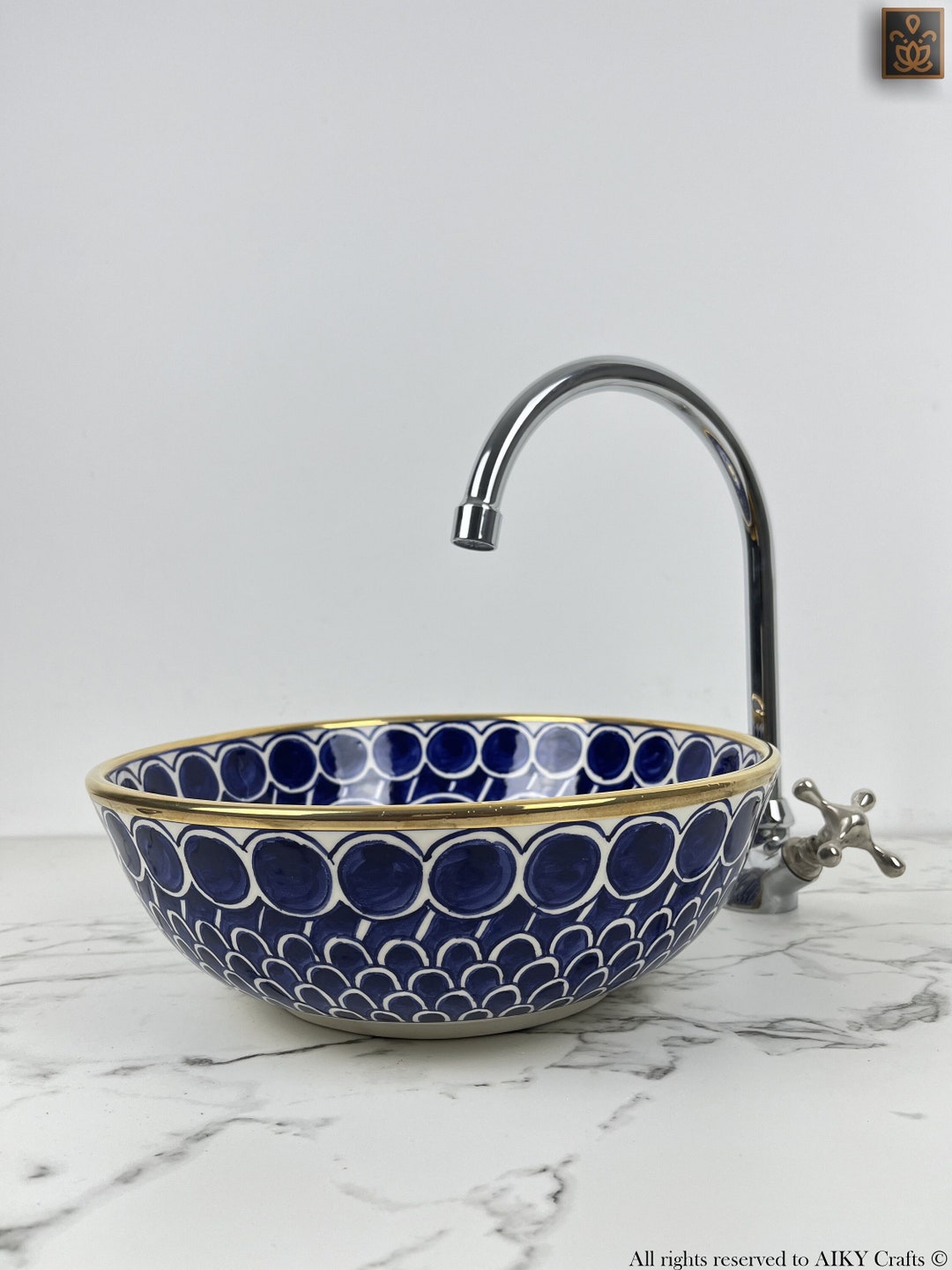 Elegant Blue Hand-painted Ceramic Basin With 14K Gold Touches - Bespoke ...
