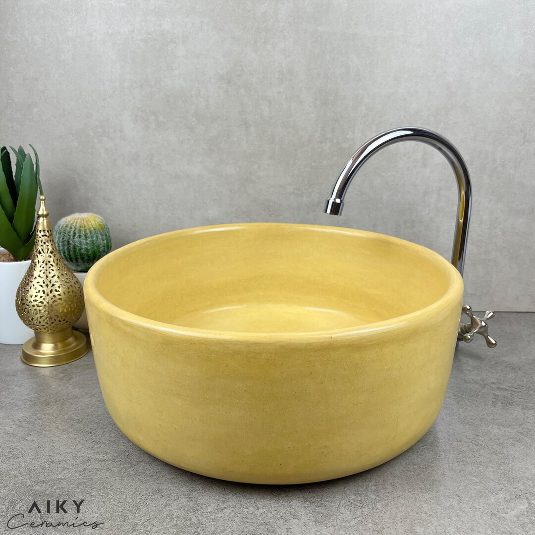 Artisan Mustard Yellow Tadelakt Basin Ceramic Washbasin Round ...