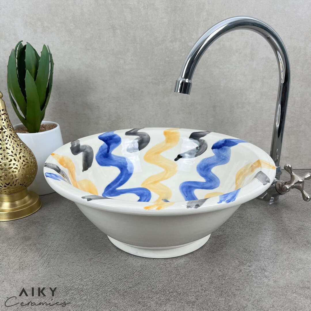 Hand-painted Sink With Random Motifs in Black, Blue, and Beige - A ...