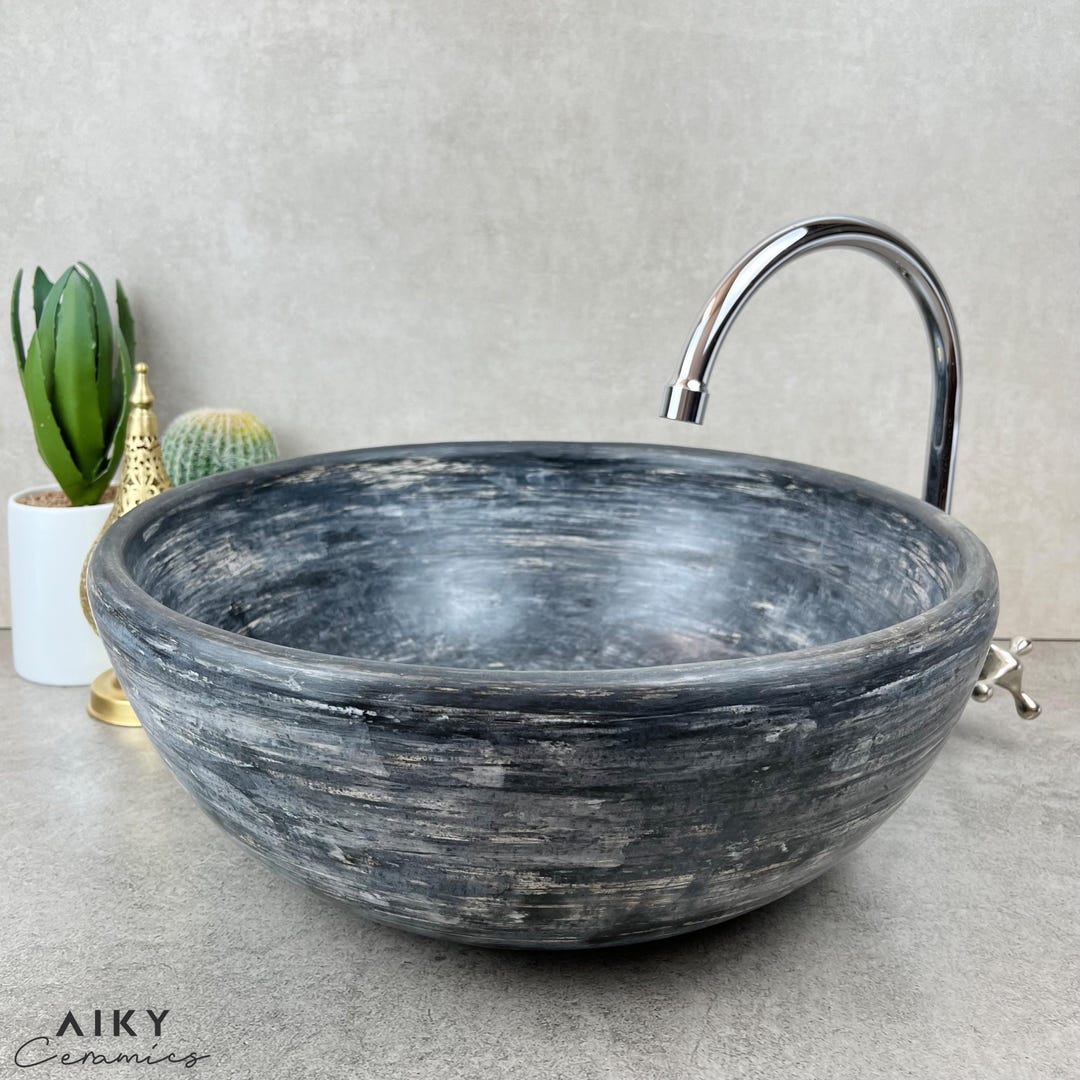 Luxurious Moroccan Handmade Terracotta Sink with Black, Gray, and White ...