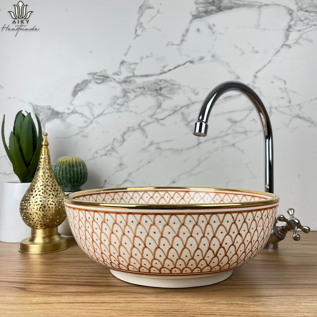 Elegant Hand-painted Ceramic Basin With 14K Gold Touches - Bespoke ...