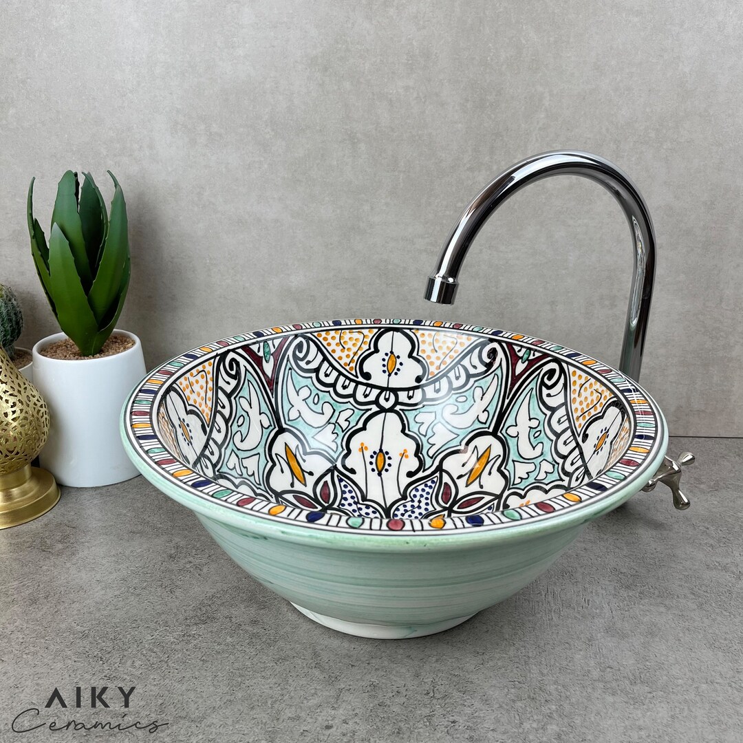 Emerald Moorish Mirage: Hand-painted Moroccan Basin, Enchanting With ...
