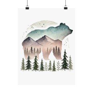 Rustic Bear Silhouette Wall Art - Watercolor Mountain and Forest Design ...