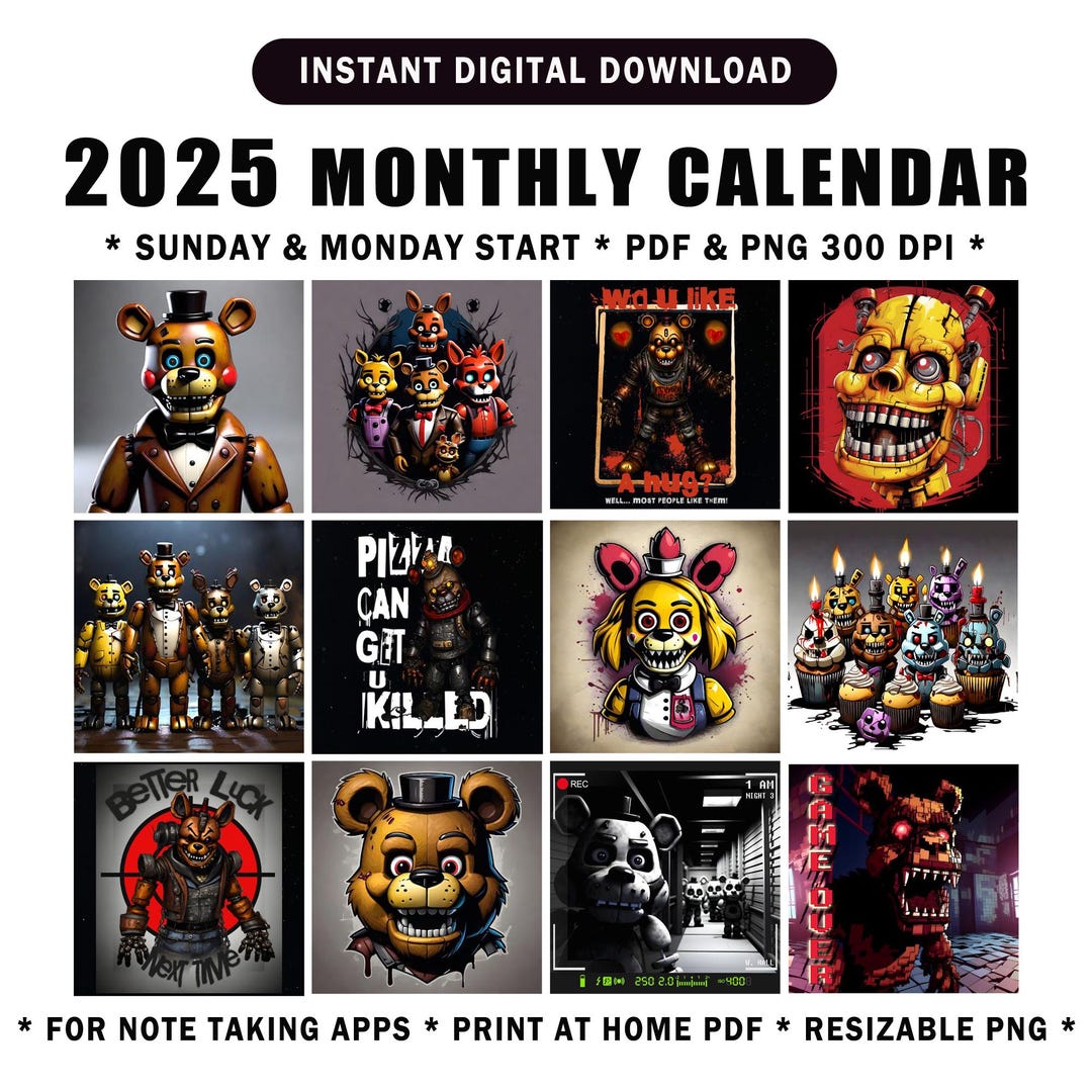 2025 Monthly Calendar Freddy Fanverse FNAF Digital Printable ...