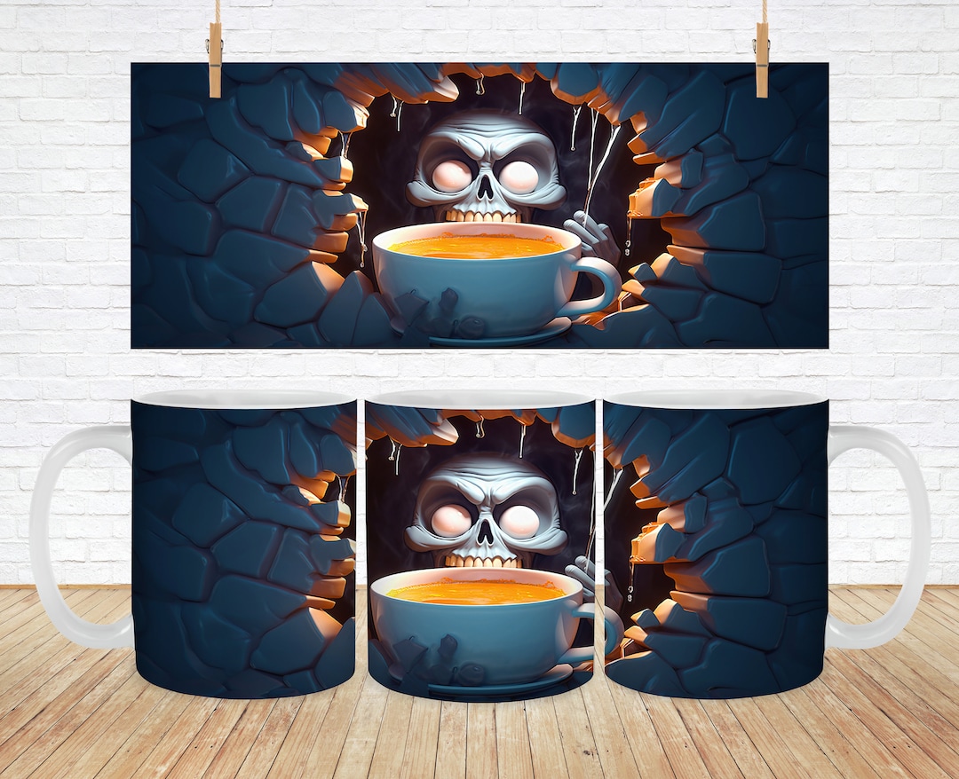 Spooky Skull Mug Wrap: Funny Horror Coffee Cup, Hole in a Wall Design ...