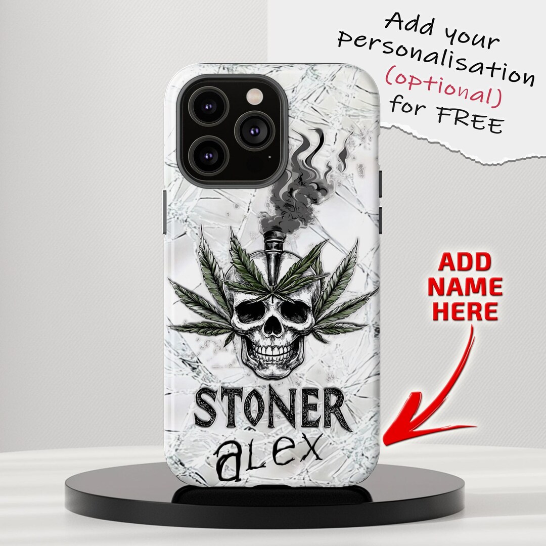 Personalized Skull Stoner Tough Phone Case. Cracked Glass, Weed Leaves ...