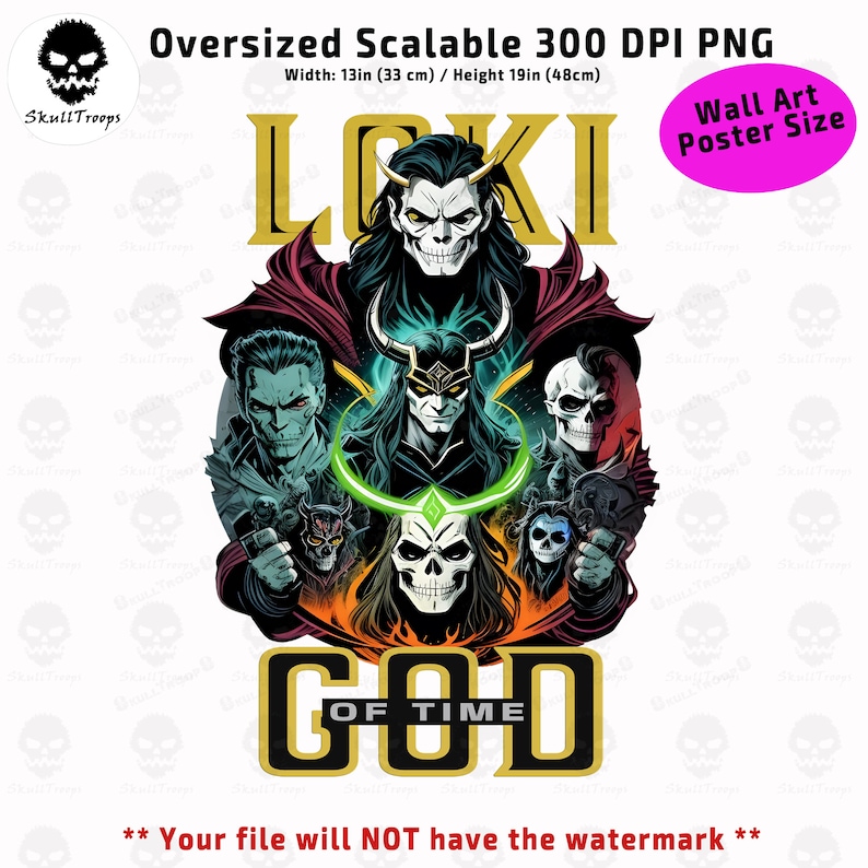 Skull Loki God of Time PNG 300 Dpi. Sublimation, DTF, DTG. Resizable ...