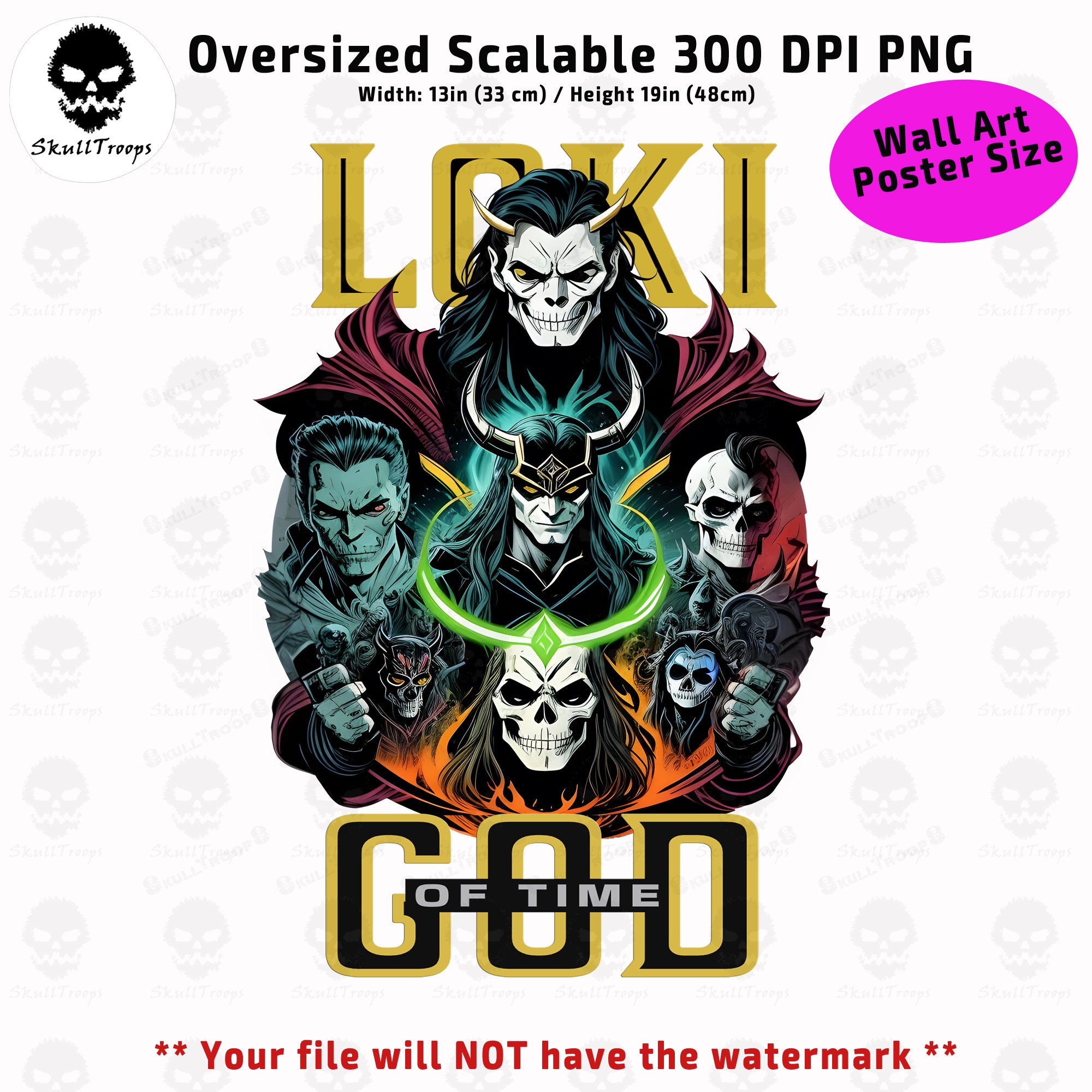 Skull Loki God of Time PNG 300 Dpi. Sublimation, DTF, DTG. Resizable ...